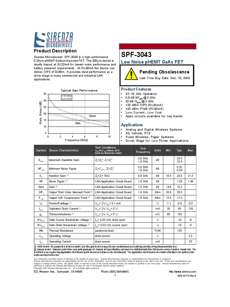 Datasheet - HK spf-3043 1315426 | PDF | Field Effect Transistor ...