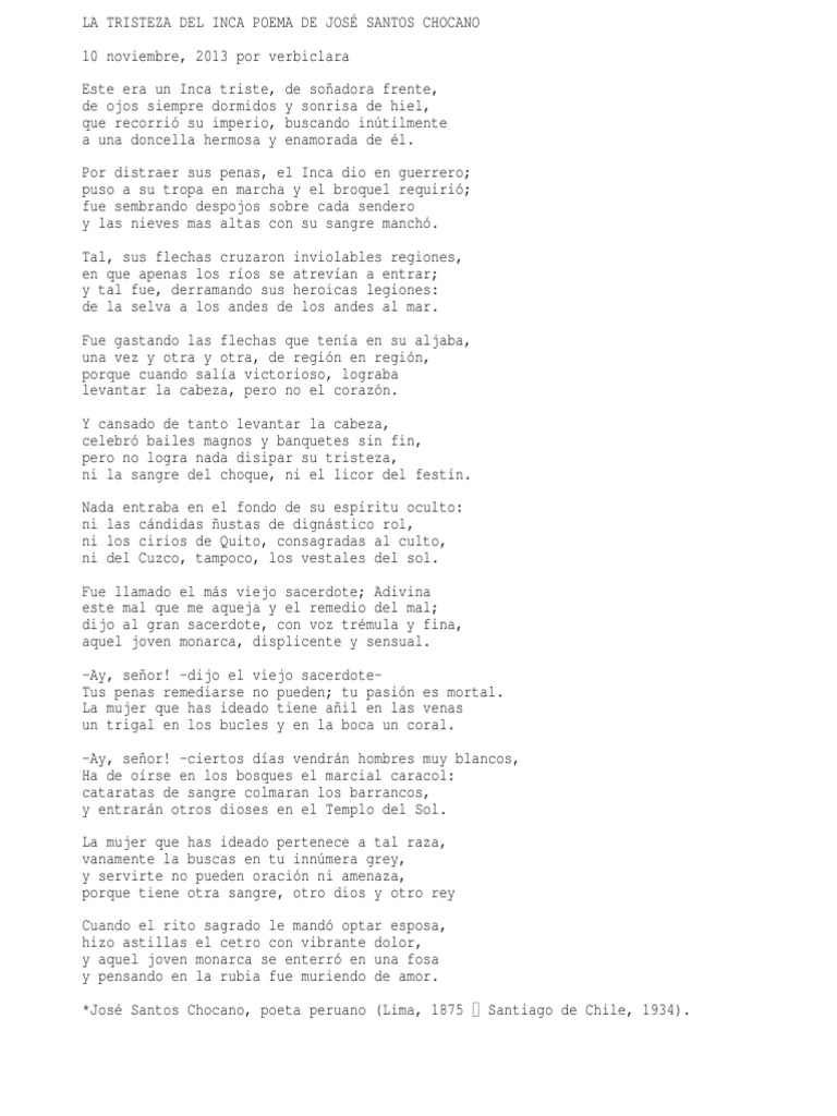 La Tristeza Del Inca Poema de José Santos Chocano | PDF