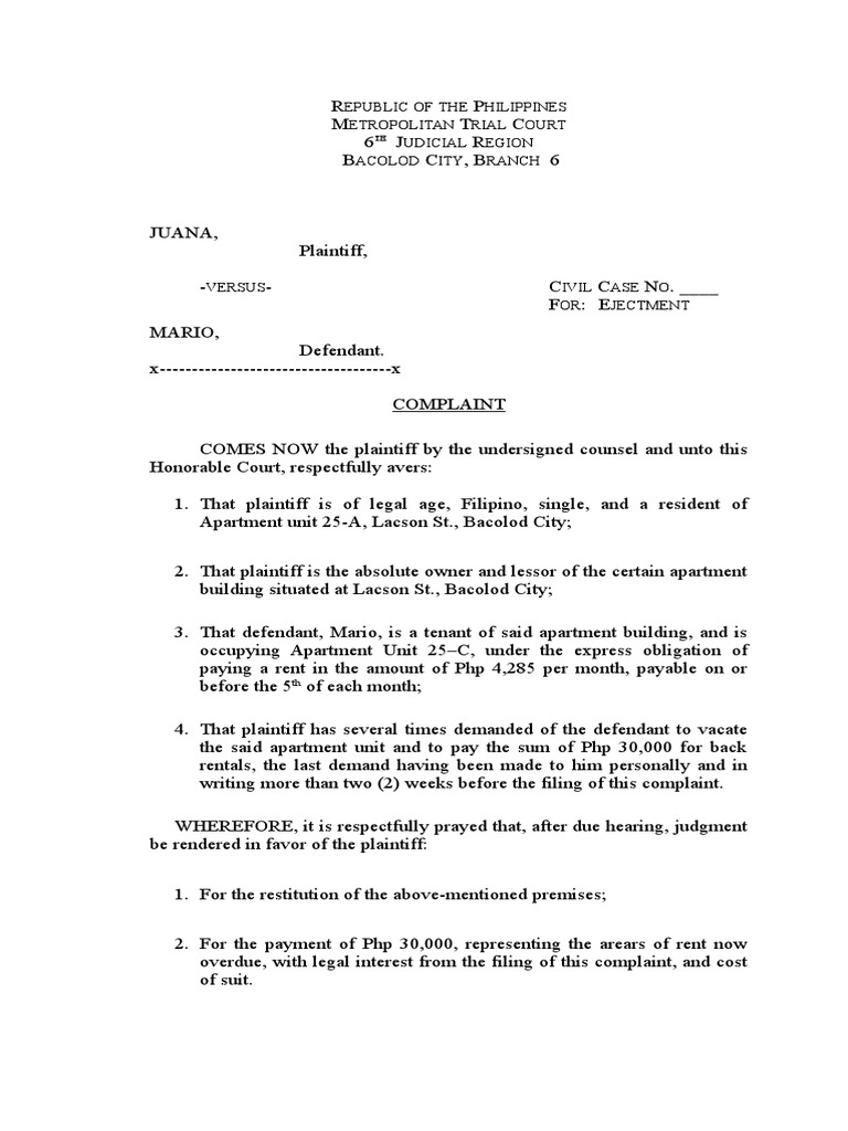 Complaint (Ejectment) | PDF | Lawsuit | Judiciaries