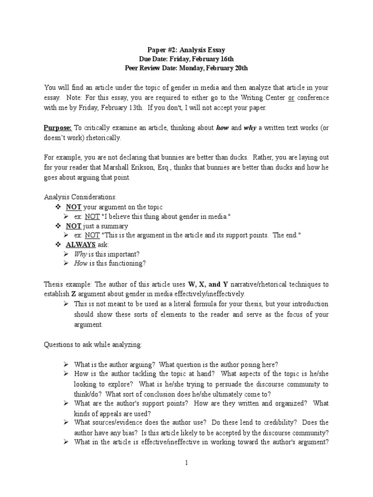 Analysis Essay Guidelines Gender in Media | PDF | Essays | Argument