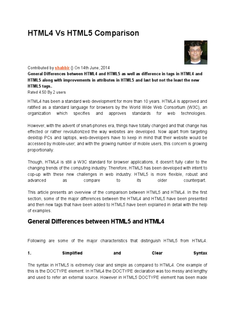 Html4 Vs Html5 Comparison Html Html Element