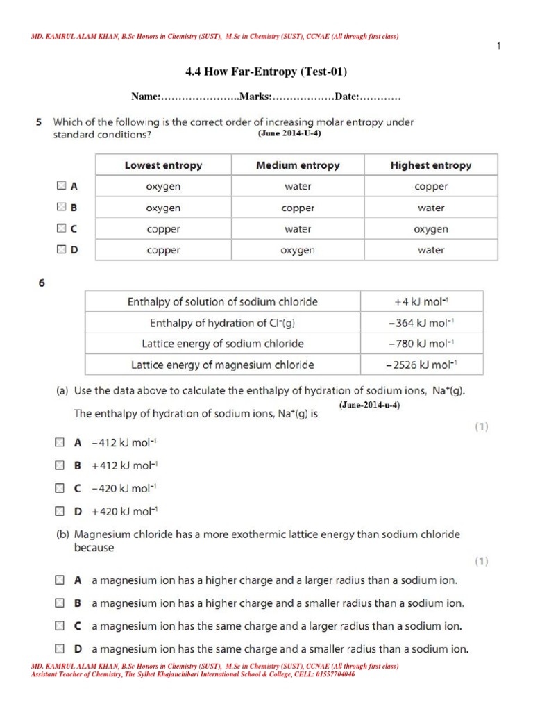 Entropy Test for Chemistry Students | PDF | Cisco Systems | Qualifications