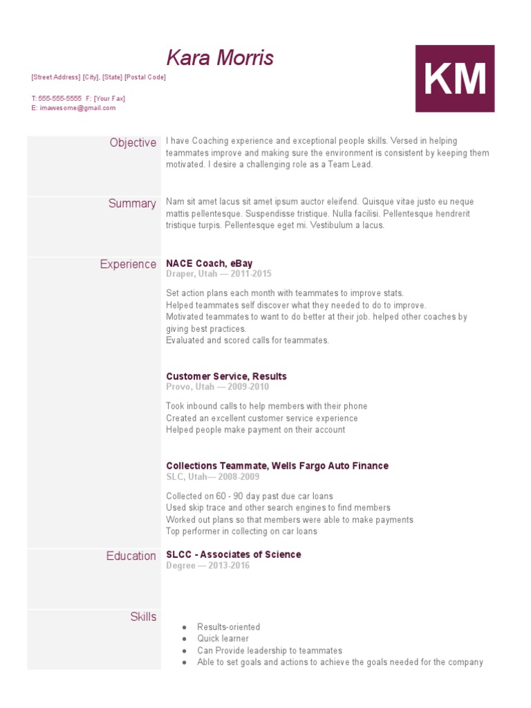 Team Lead Resume of Kara Morris | PDF