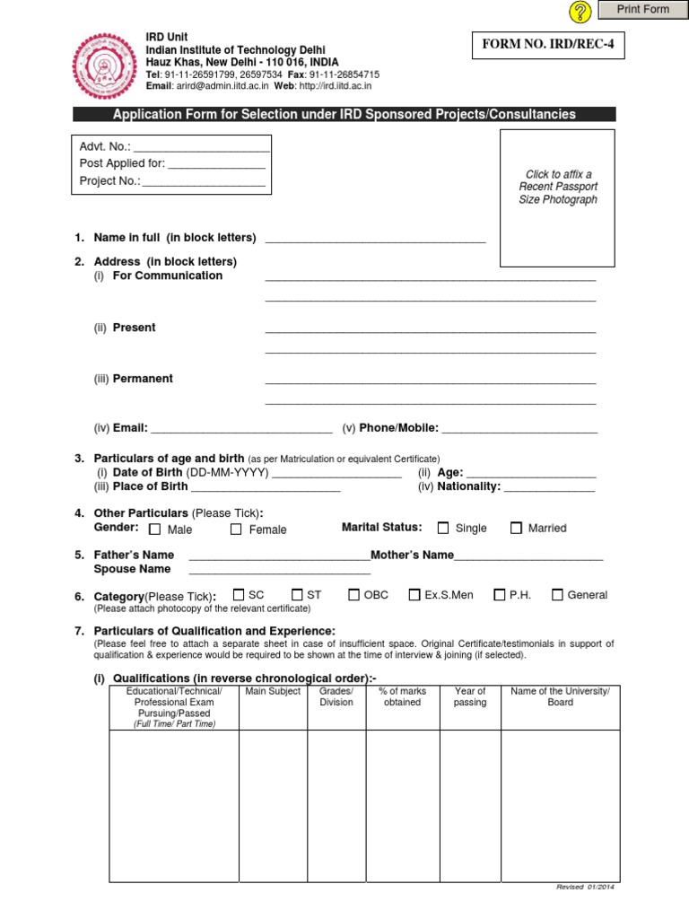 Application Form For Selection Under IRD Sponsored Projects ...