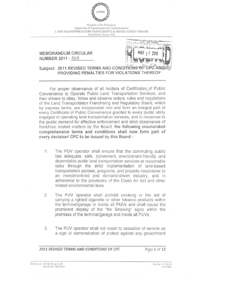 LTFRB Memo 2011-04: PUV Regulations | PDF | Conductor (Rail) | Bus