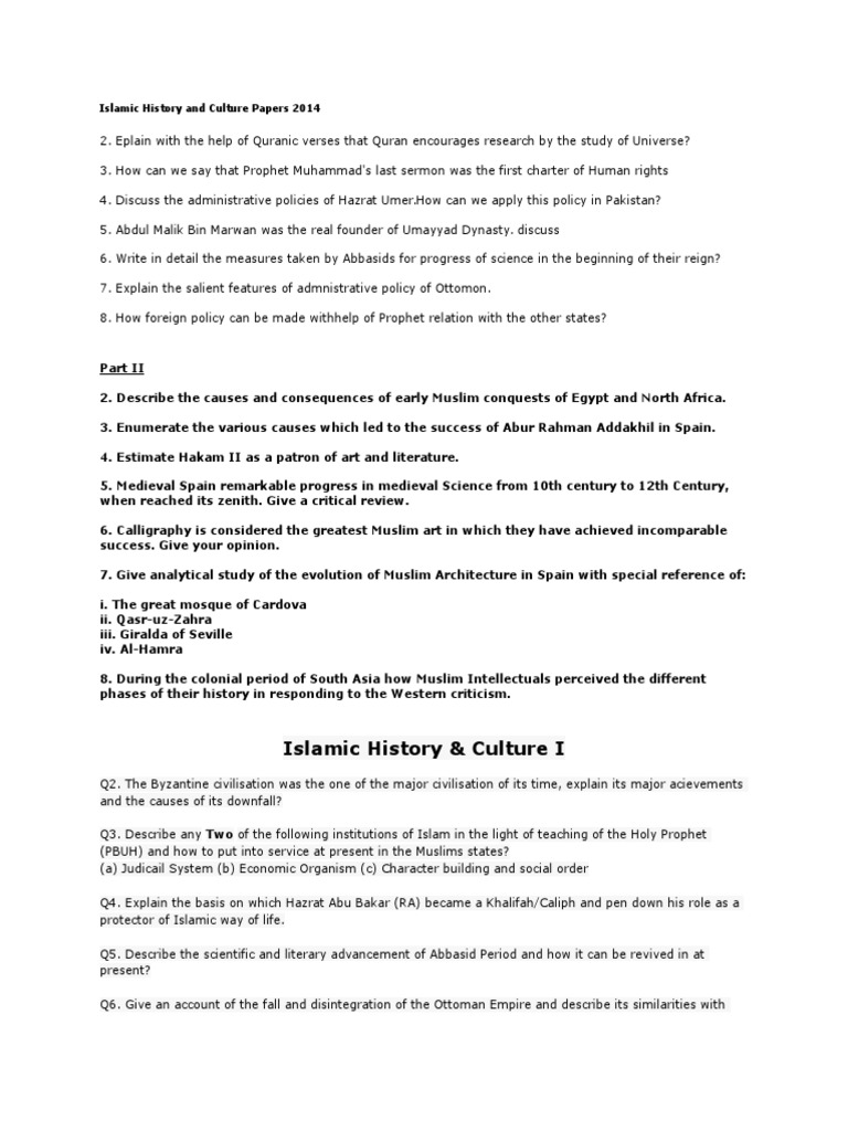 Islmic History and Culture Past Papers | PDF | Caliphate | Ali