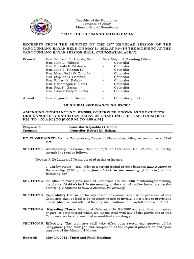 Municipal Ordinance No. 03-2012 | PDF | Public Law | Social Institutions