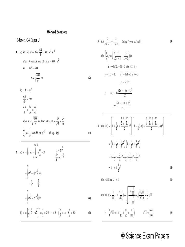 © Science Exam Papers: Worked Solutions Edexcel C4 Paper J | PDF