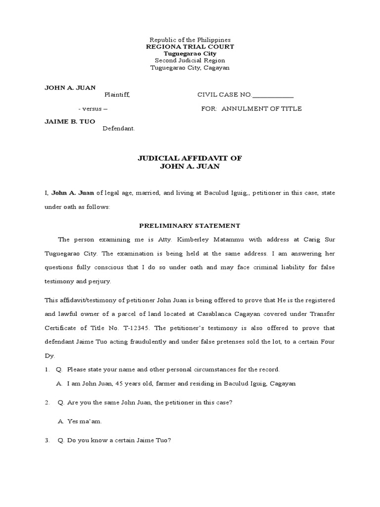 Judicial Affidavit Annulment of Title | PDF | Affidavit | Perjury