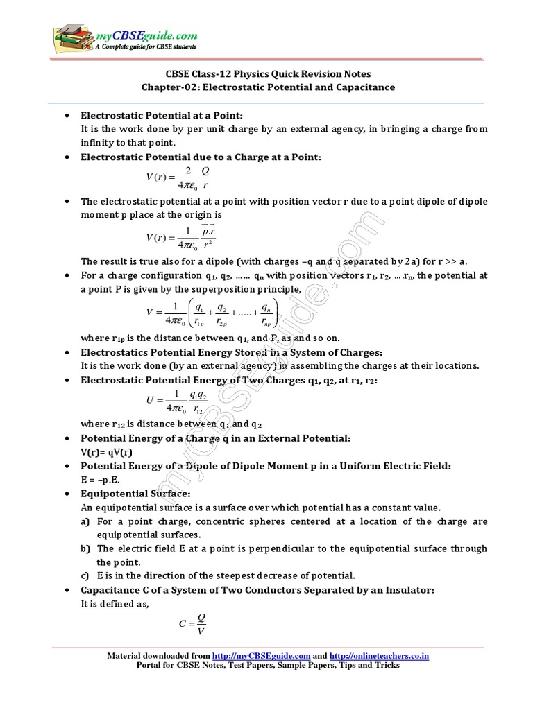 12 Physics Notes ch02 Electrostatic Potential and Capacitance PDF | PDF ...