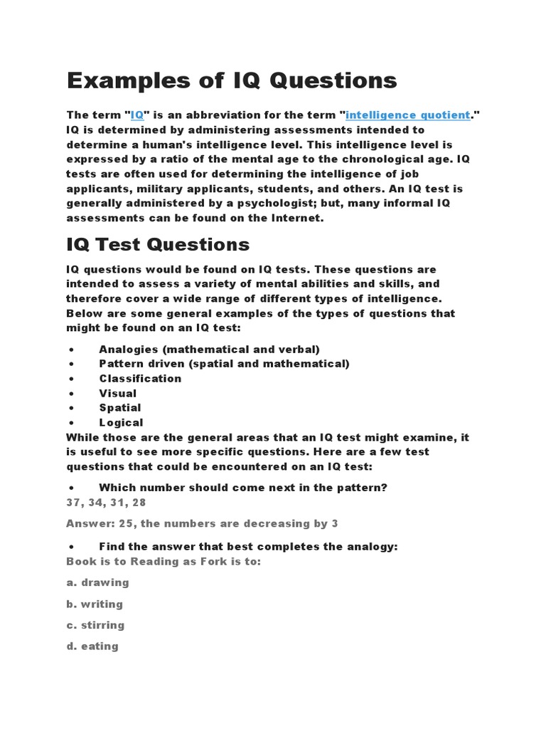 Examples of IQ Questions | PDF | Intelligence Quotient | Analogy