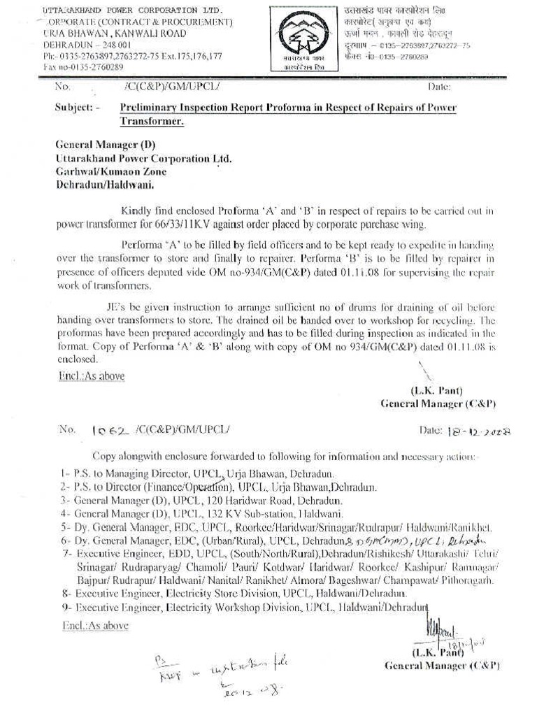 Preliminary Inspection - Proforma - Repairs of Power Transformer | PDF