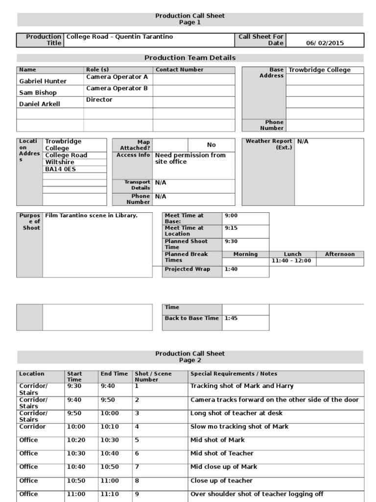 Production Call Sheet | PDF