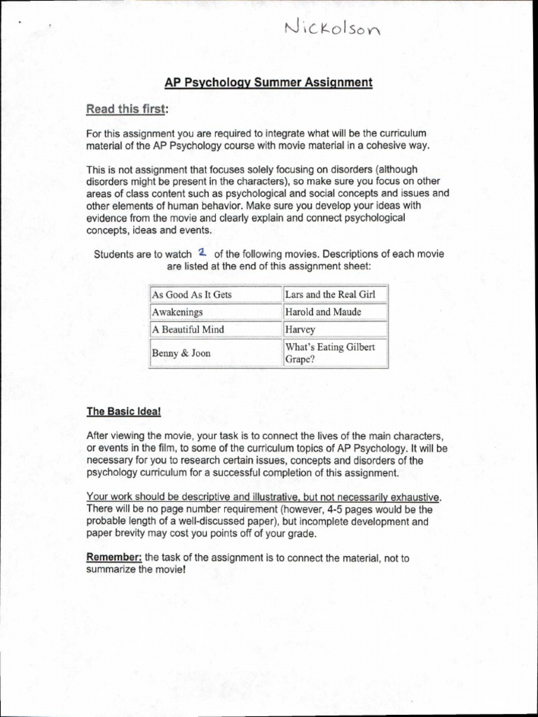 AP Psychology Summer Assignment Guide | PDF | Obsessive–Compulsive ...