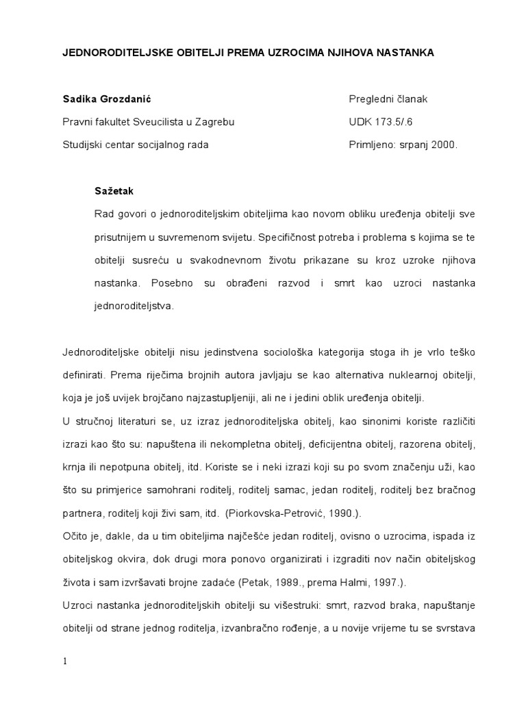 Jednoroditeljske Obitelji Prema Uzrocima Njihova Nastanka | PDF