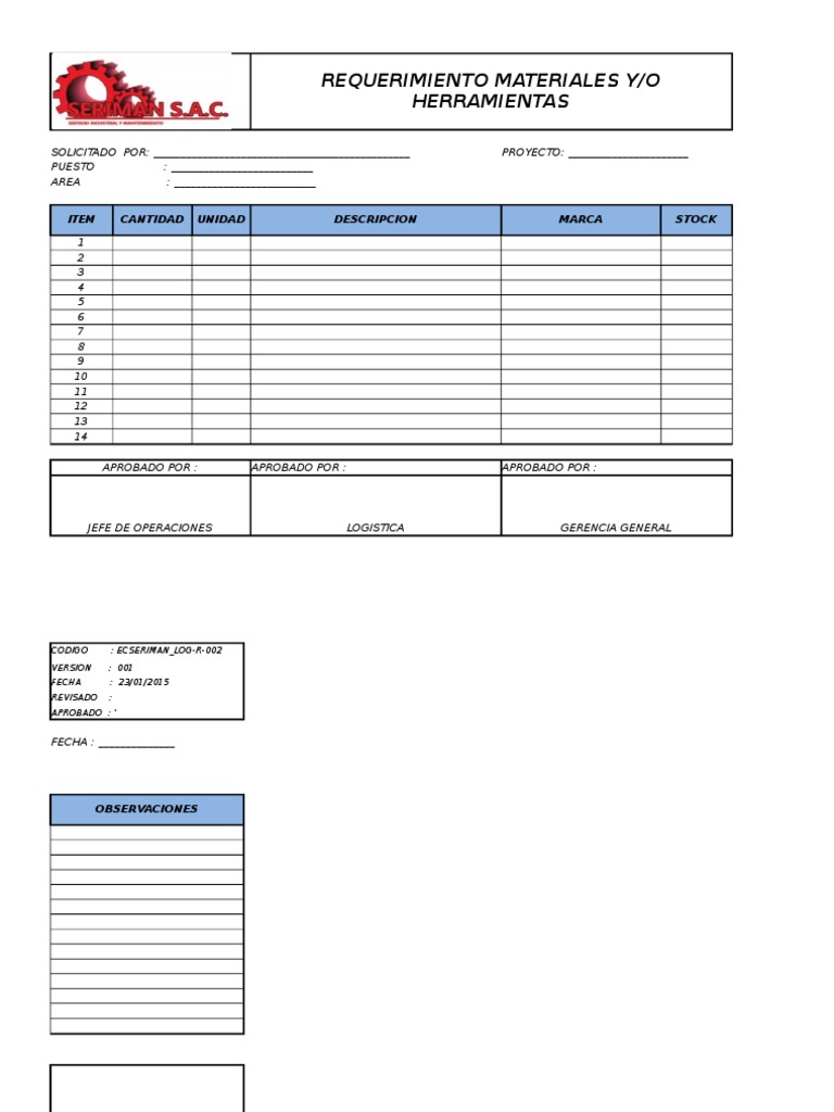 Formato Requerimiento Materiales o Herramientas | PDF