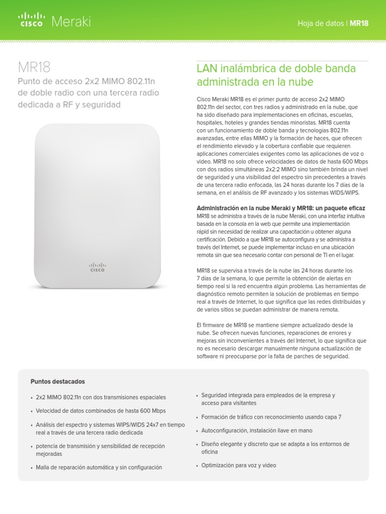 Meraki Datasheet MR18 Español | PDF | Ieee 802.11 | Punto de acceso ...