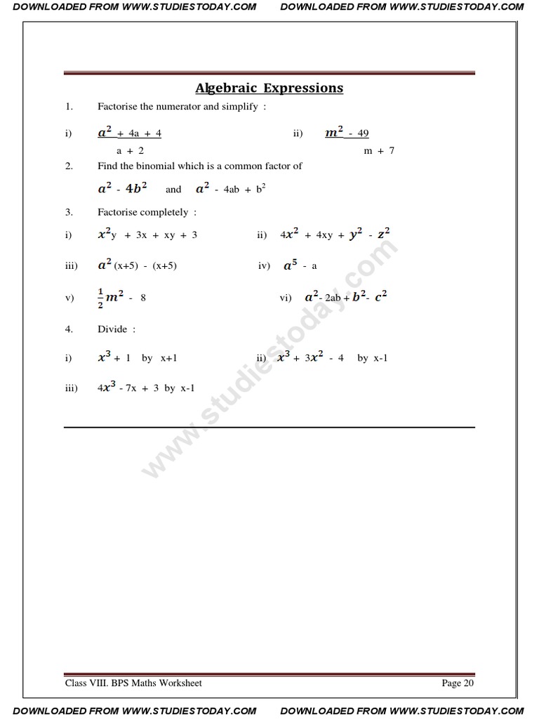 Algebraic Expressions: Class VIII. BPS Maths Worksheet | PDF