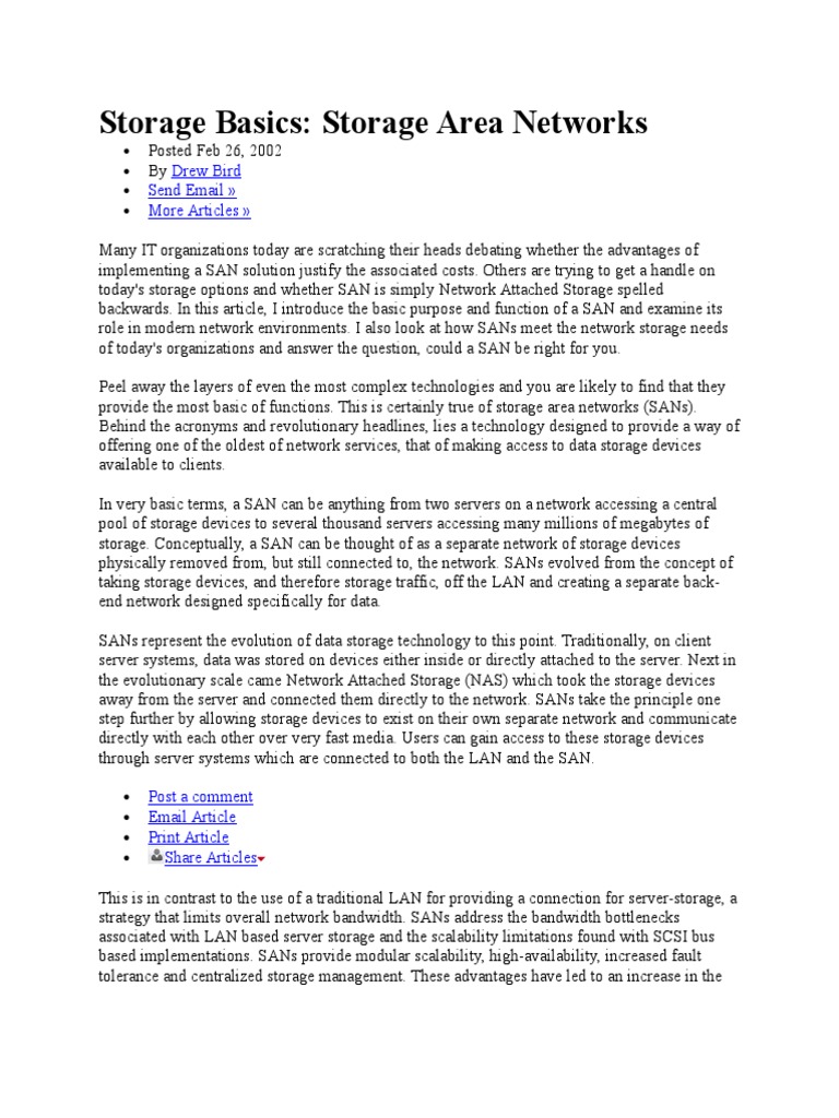 Storage Basics: Storage Area Networks: Drew Bird Send Email More ...