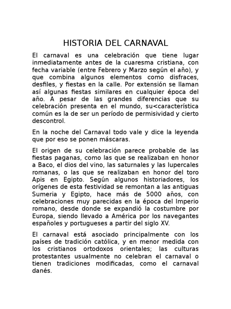Historia Del Carnaval | PDF | Carnaval | Eventos de entretenimiento