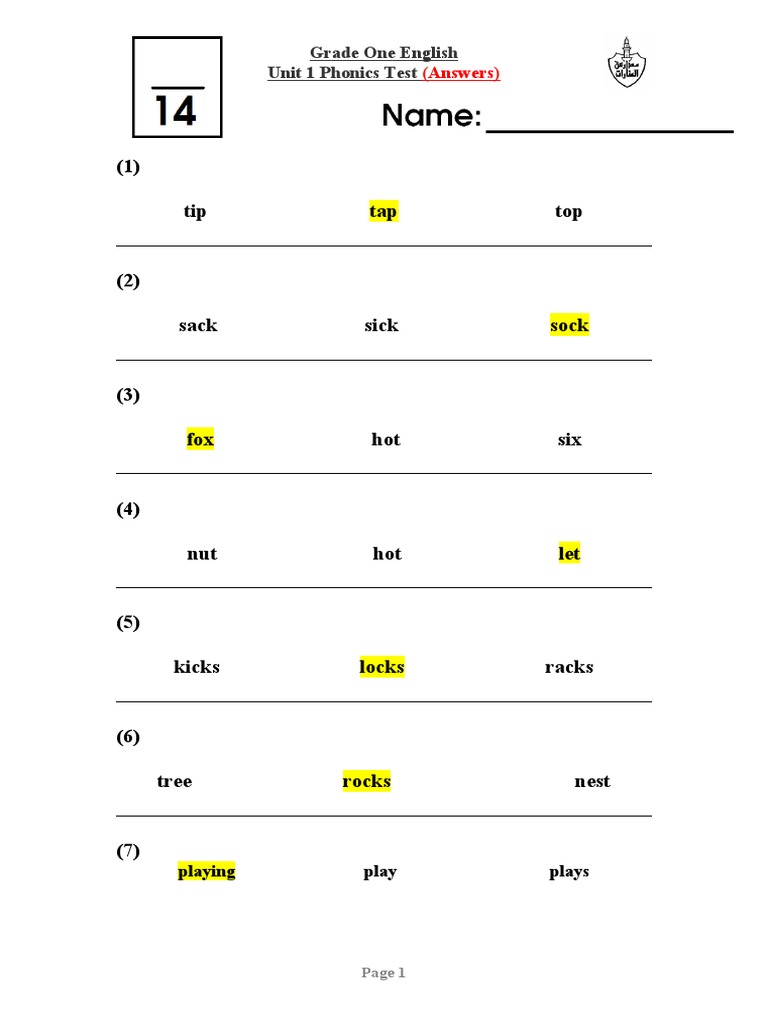 Grade 1 Phonics Test Answers | PDF