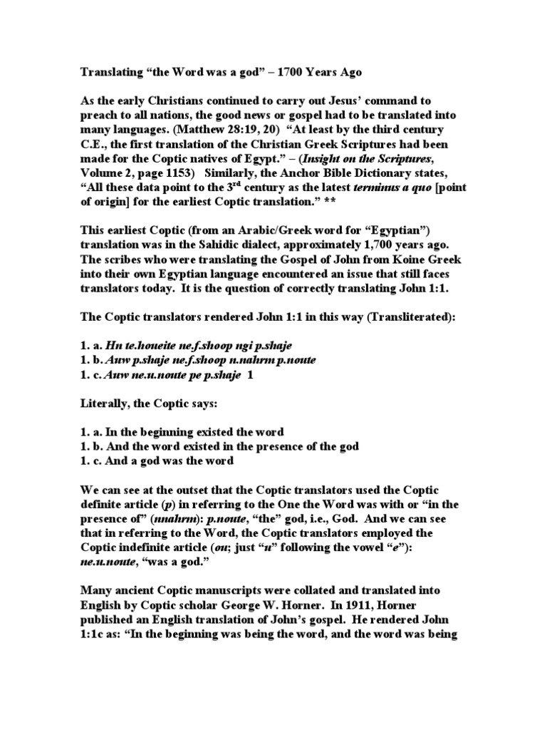 Translating Sahidic Coptic John 1:1 | PDF | Translations | New Testament