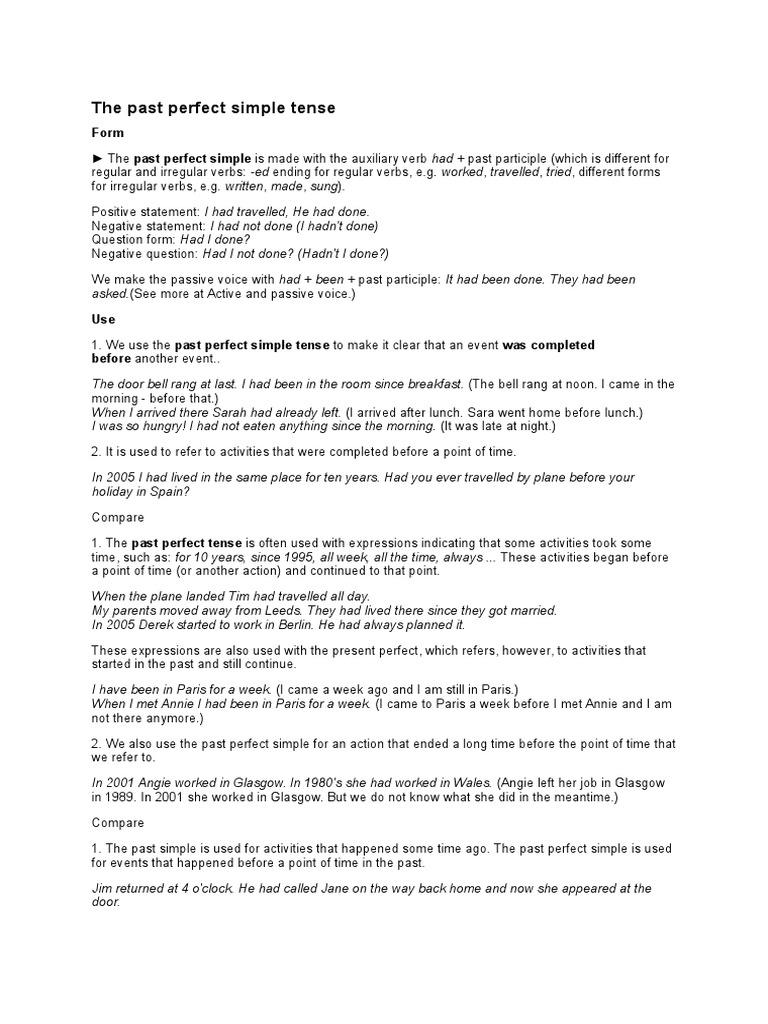 The Past Perfect Simple Tense | PDF | Perfect (Grammar) | Grammatical Tense
