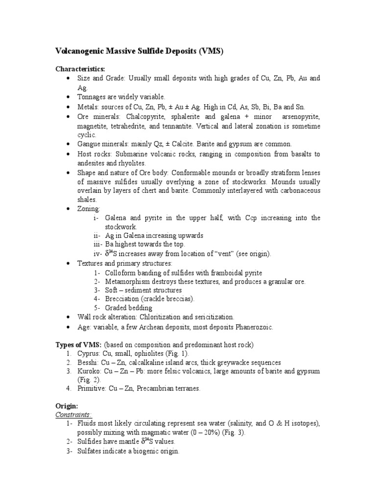 Volcanogenic Massive Sulfide Deposits (VMS) : Characteristics | PDF