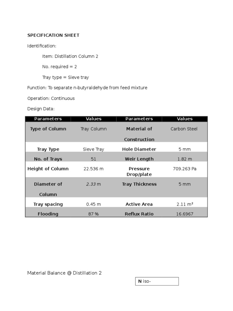 Distillation Column Specs for n-Butyraldehyde | PDF | Distillation ...