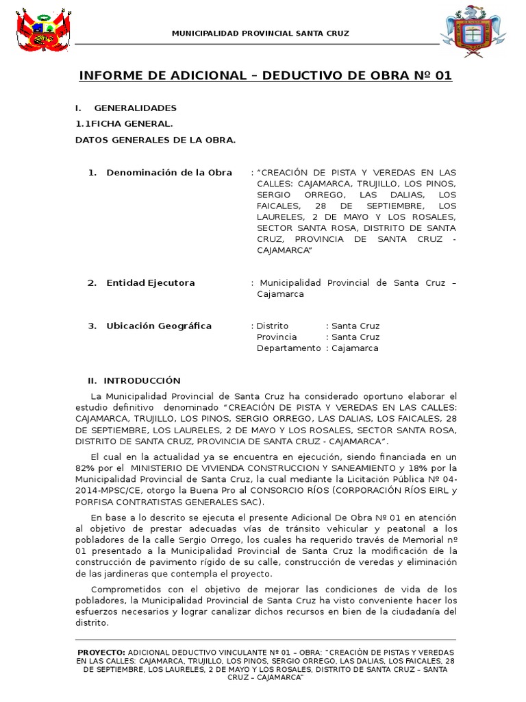 Informe Adicional Deductivo #1 | PDF | Presupuesto | Economias