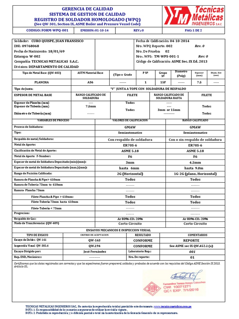 TMI WPQ 002 W002 GMAW 2G ASME - Sec - IX (Rev1) PDF | PDF | Soldadura ...