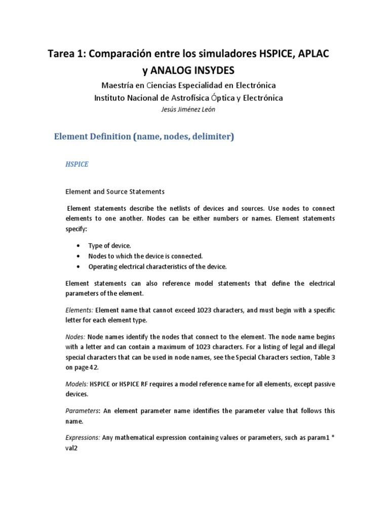 Comparación Entre Simuladores HSPICE, APLAC y ANALOG INSYDES | PDF | Spice | Parameter (Computer ...
