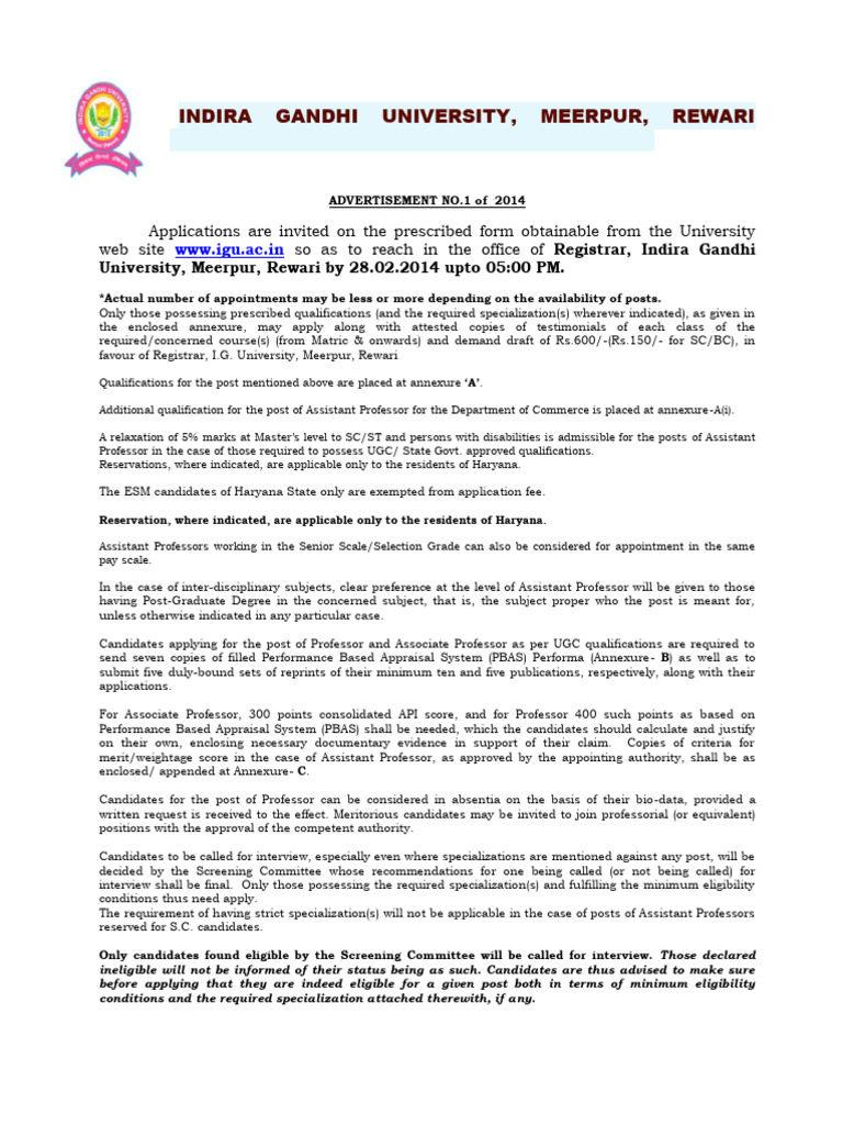 Indira Gandhi University (IGU) Meerpur | PDF | Academic Degree | Doctor ...