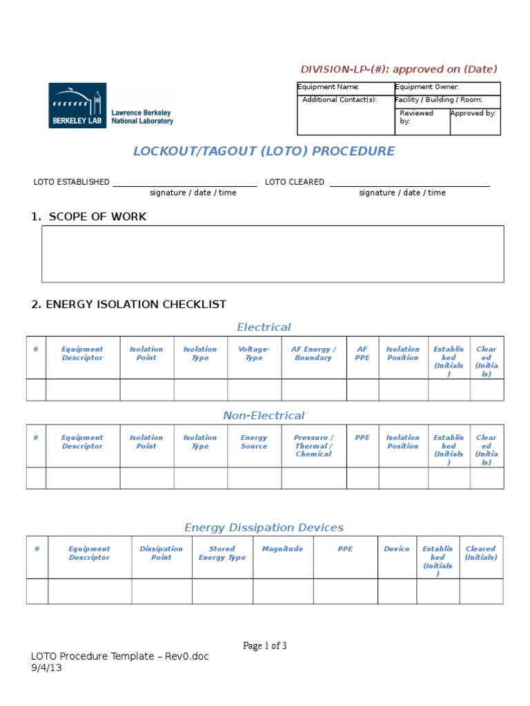LOTO Procedure Template and Checklist | PDF