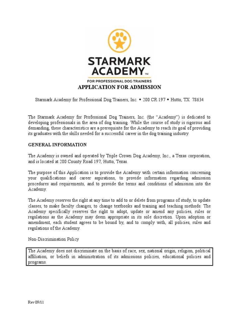 Pursuing a Rewarding Career: An Application for Admission to the Starmark Academy for ...