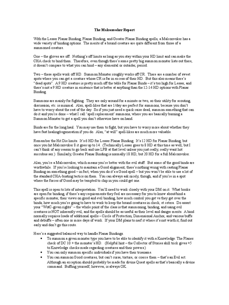 The Malconvoker Report | PDF | Dungeons & Dragons Standard Creatures | Fantasy Role Playing Games