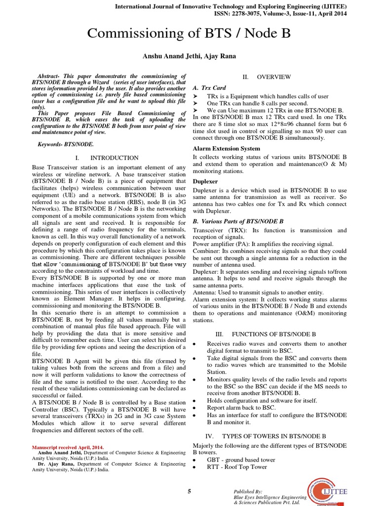 Commissioning of BTS / Node B: Anshu Anand Jethi, Ajay Rana | PDF | Radio | Computer Network