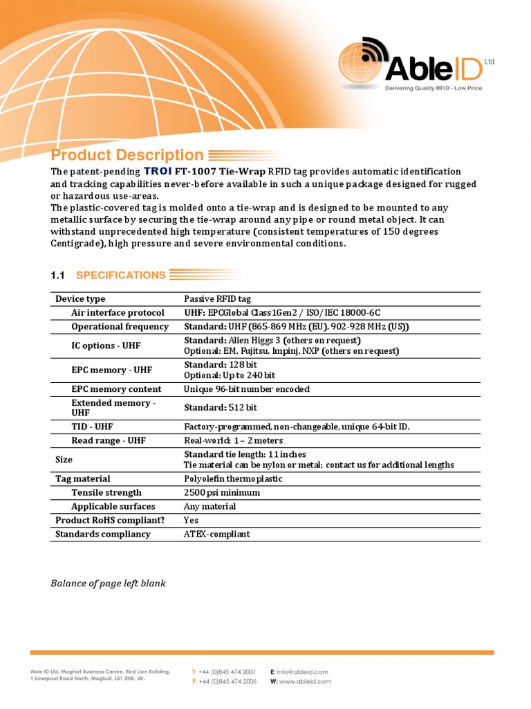 FT-1007 Datasheet Able ID | PDF | Radio Frequency Identification ...