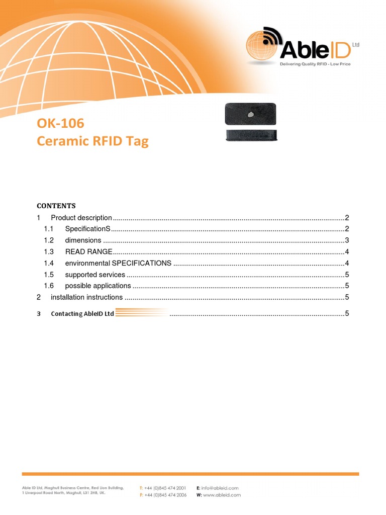 OK-106 Ceramic RFIDTag Able ID | PDF | Radio Frequency Identification | Chemistry