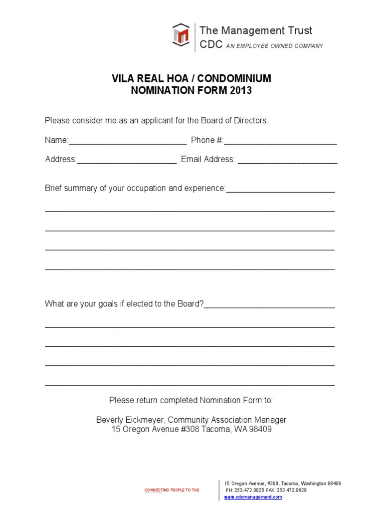Vila Real HOA Board Nomination Form 2013 | PDF