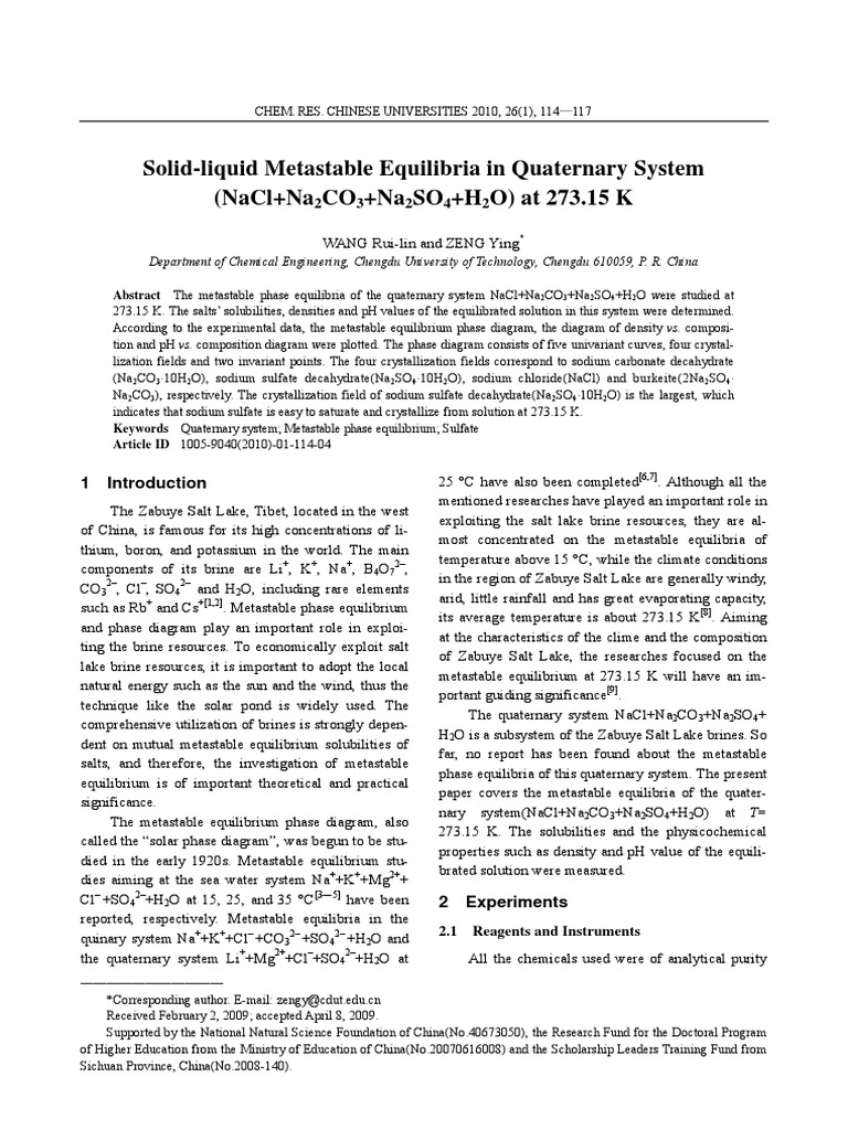 Solid-Liquid Metastable Equilibria in Quaternary System (NaCl+Na2CO3 ...