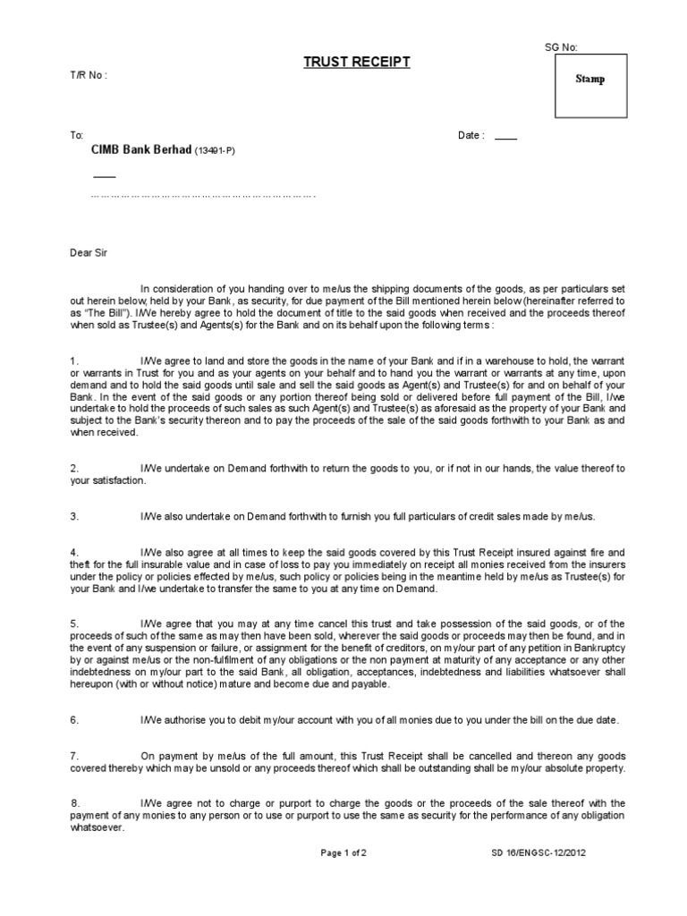 Trust Receipt Agreement Template | PDF | Payments | Debits And Credits