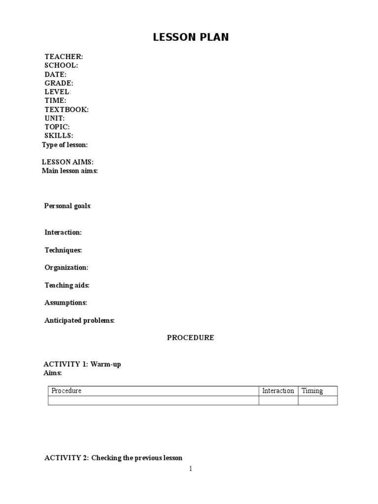 Lesson Plan: Aims: Procedure Interaction Timing | PDF