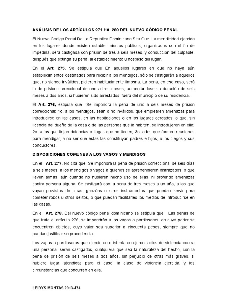 Análisis de Los Artículos 271 Ha 280 Del Nuevo Código Penal Leidys Montas 2013-474 | PDF ...