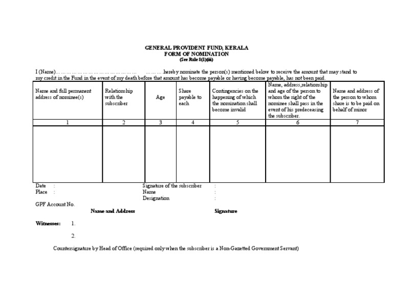 General Provident Fund, Kerala Form of Nomination: (See Rule 8 (1) (Iii ...