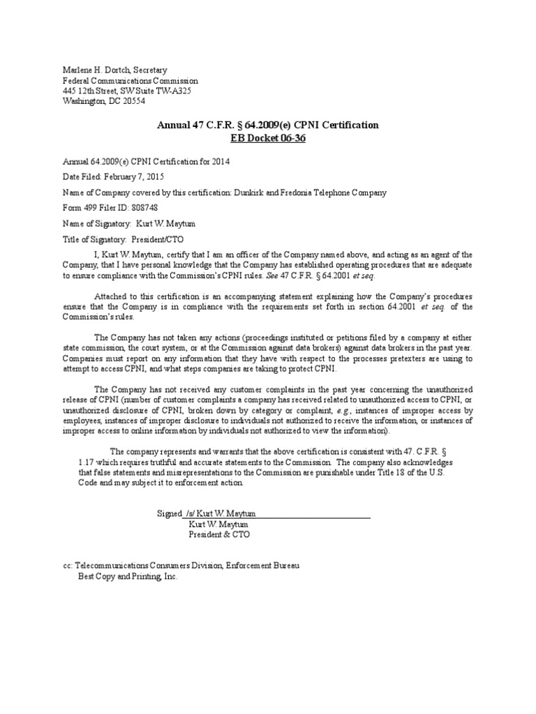 2014 CPNI Certification for Dunkirk & Fredonia | PDF | Federal ...