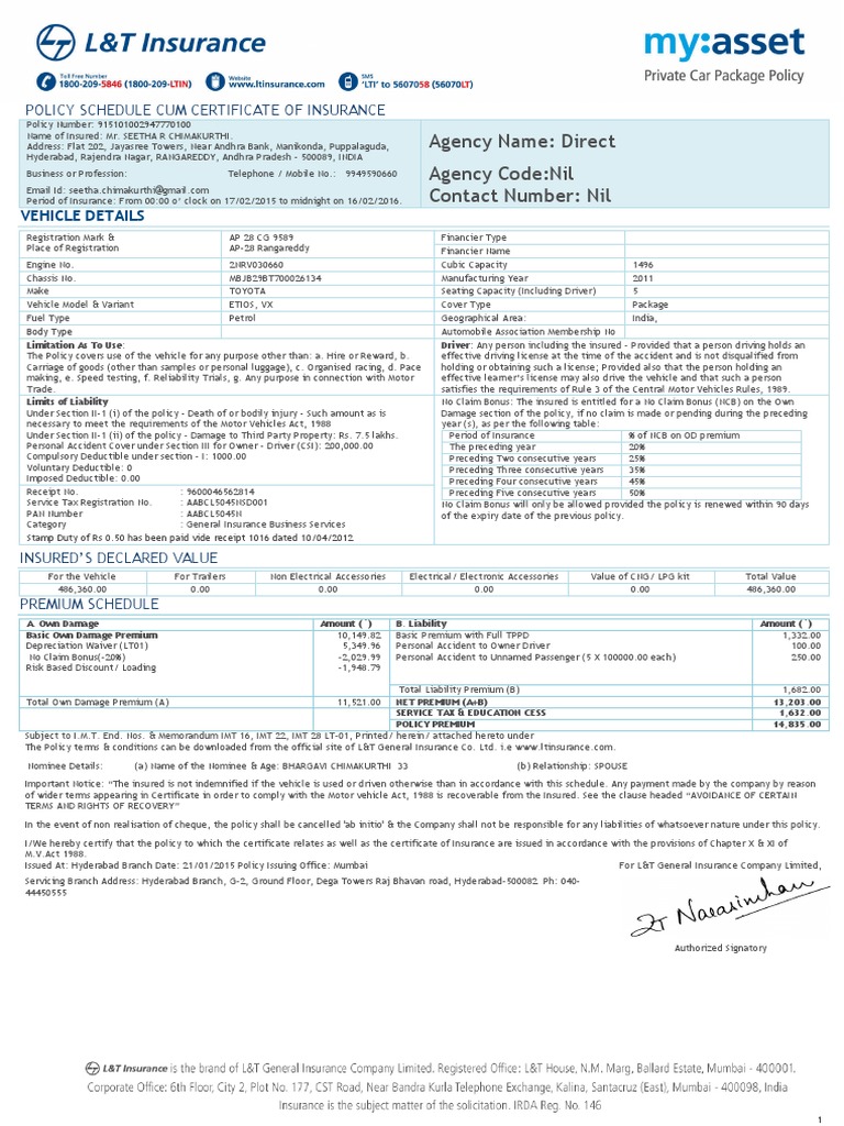 INSURANCE POLICY SCHEDULE AND CERTIFICATE | PDF | Indemnity | Insurance