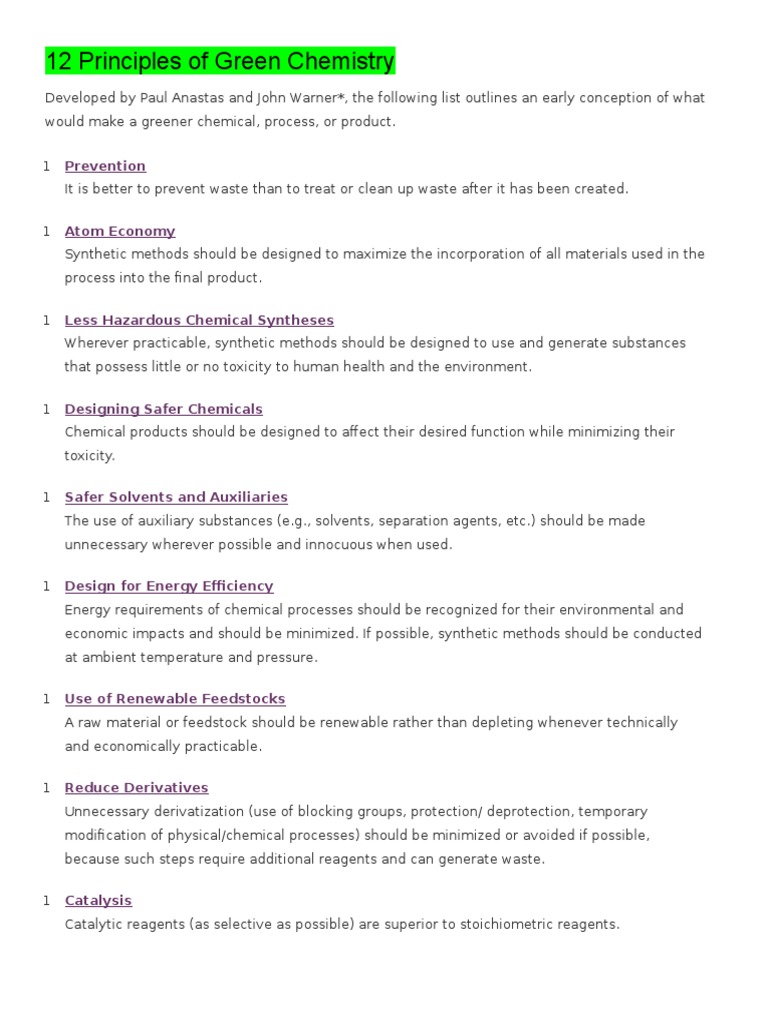12 Principles of Green Chemistry | PDF | Wellness | Science & Mathematics