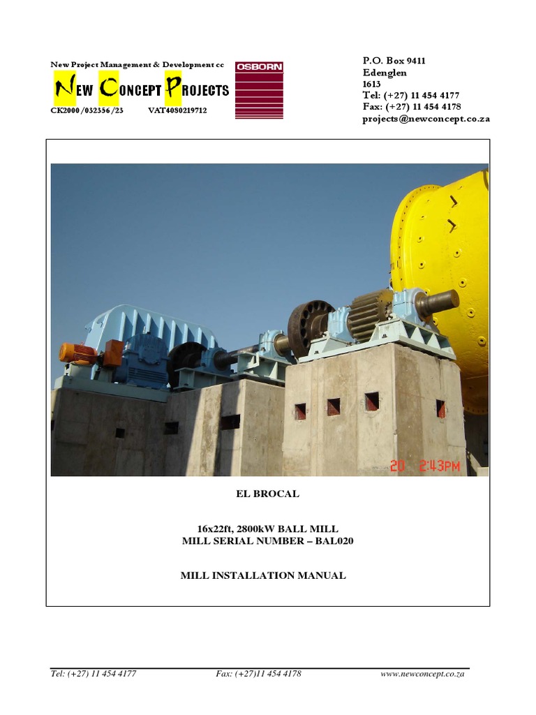 16' X 22' Ball Mill Installation Manual | PDF | Bearing (Mechanical) | Gear