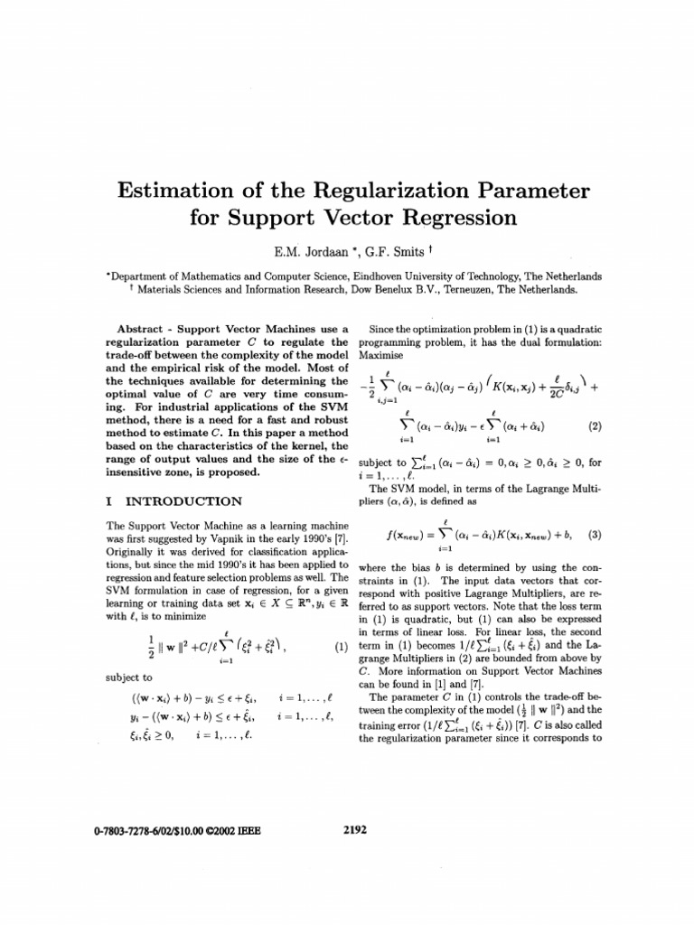 JORDAAN2002 - Estimation of The Regularization Parameter For SVR | PDF | Support Vector Machine ...